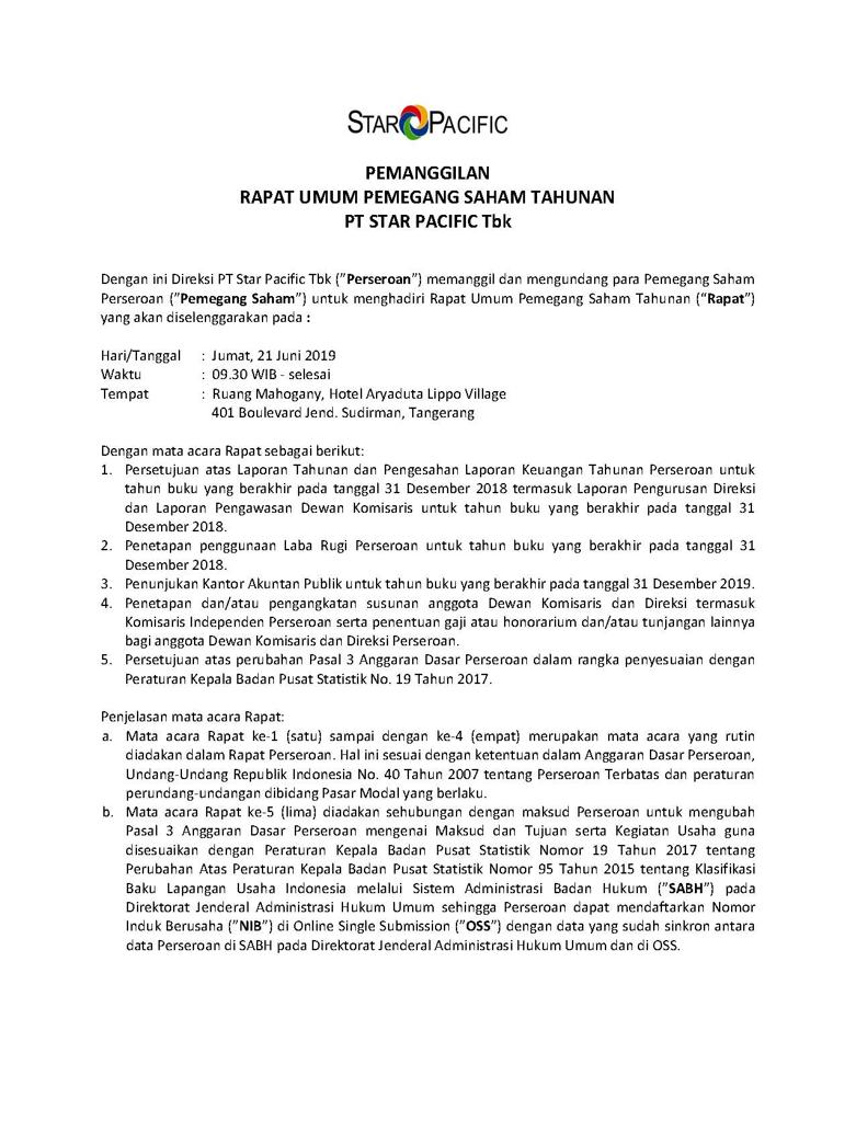 Pemanggilan Rapat Umum Pemegang Saham Tahunan PT Star Pacific Tbk | PT Star Pacific, Tbk